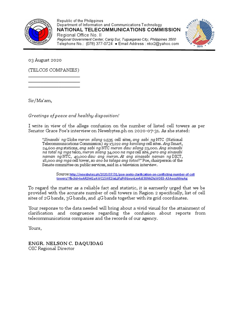 Letter To Telcos Data On Towers | PDF