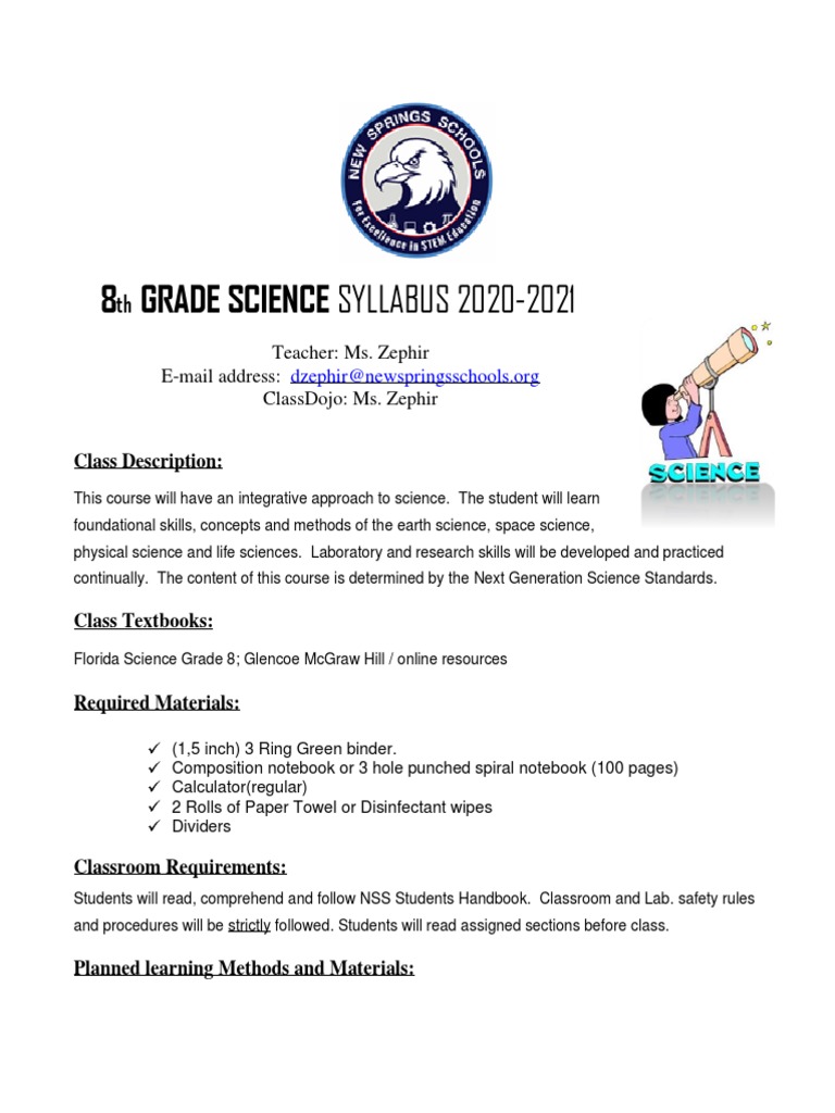 8th Grade Science Syllabus | PDF | Classroom | Matter