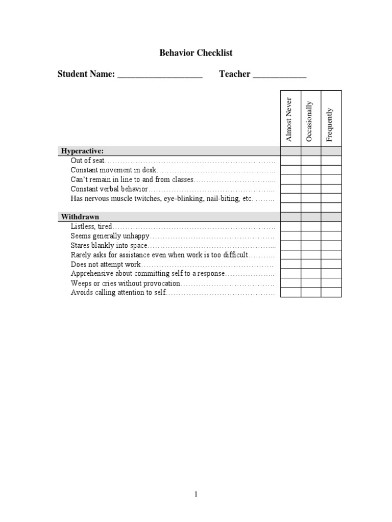 Behavior Checklist Student Name: - Teacher | PDF | Self-Improvement