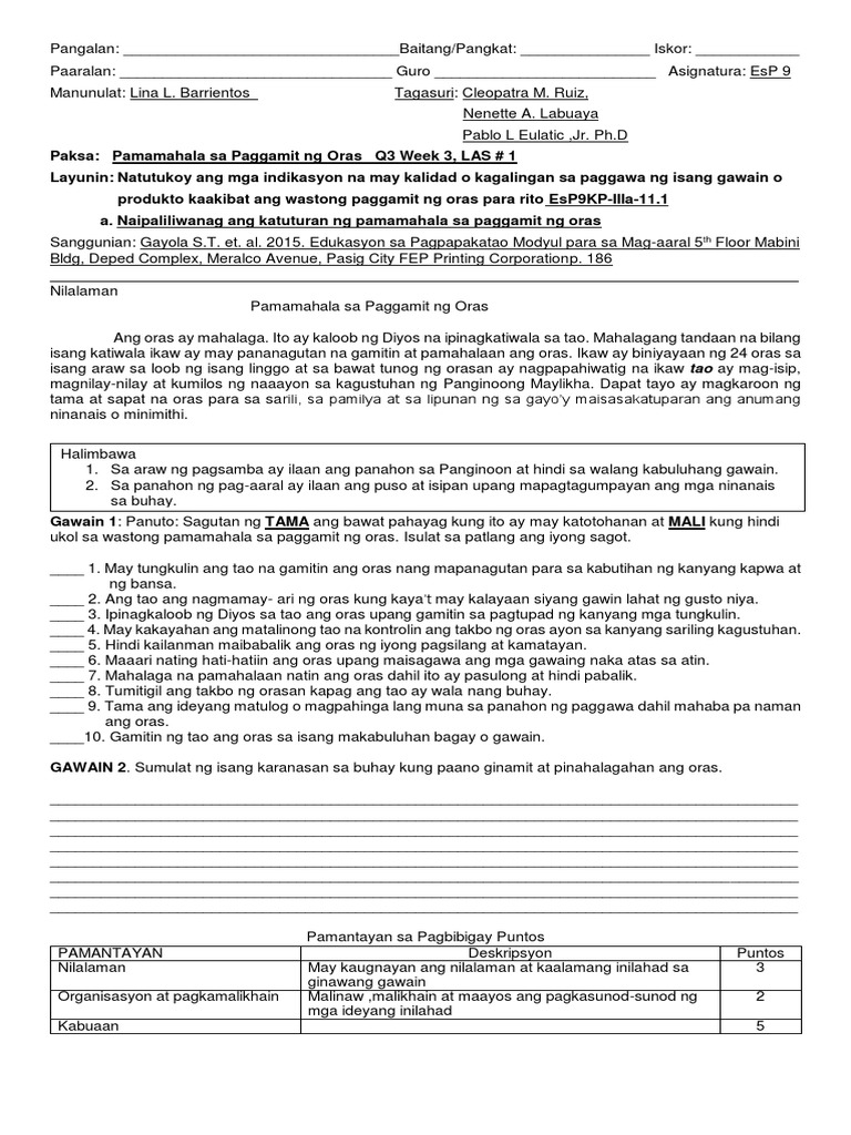 Esp 9 Quarter 3 Week 3 Las 1 | PDF