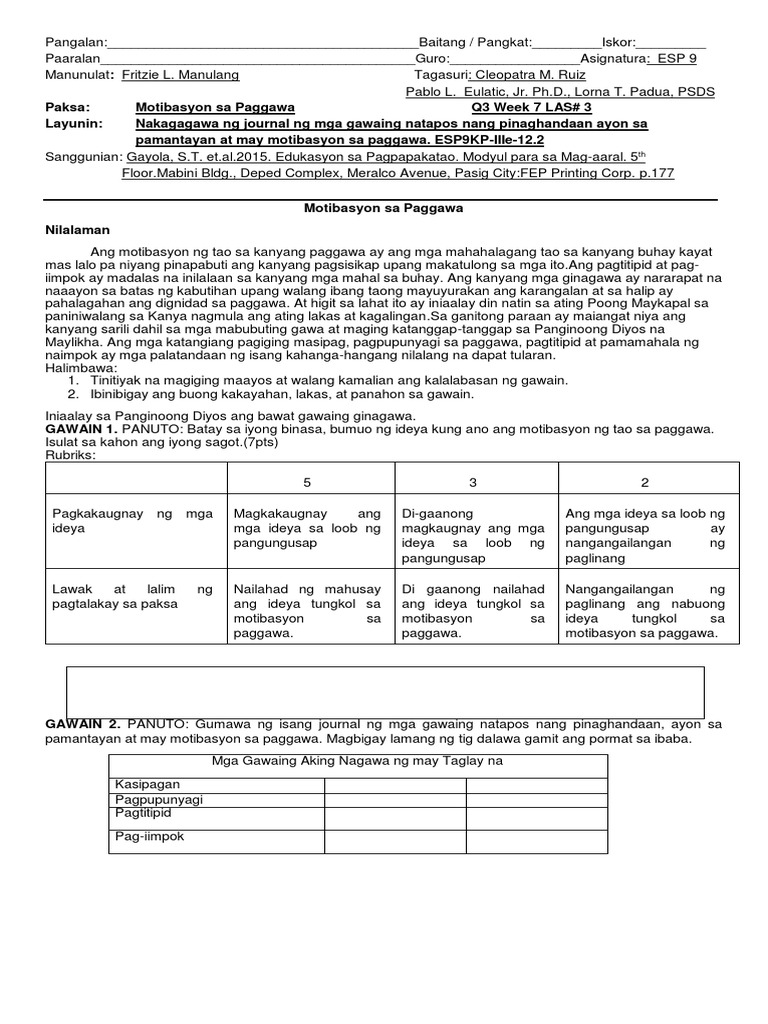 Esp 9 Quarter 3 Week 7 Las 3 | PDF