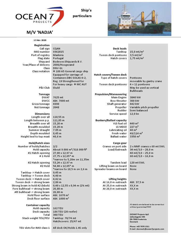MV NADJA - Vessel-Description-OCEAN7 | PDF | Tonnage | Marine Propulsion