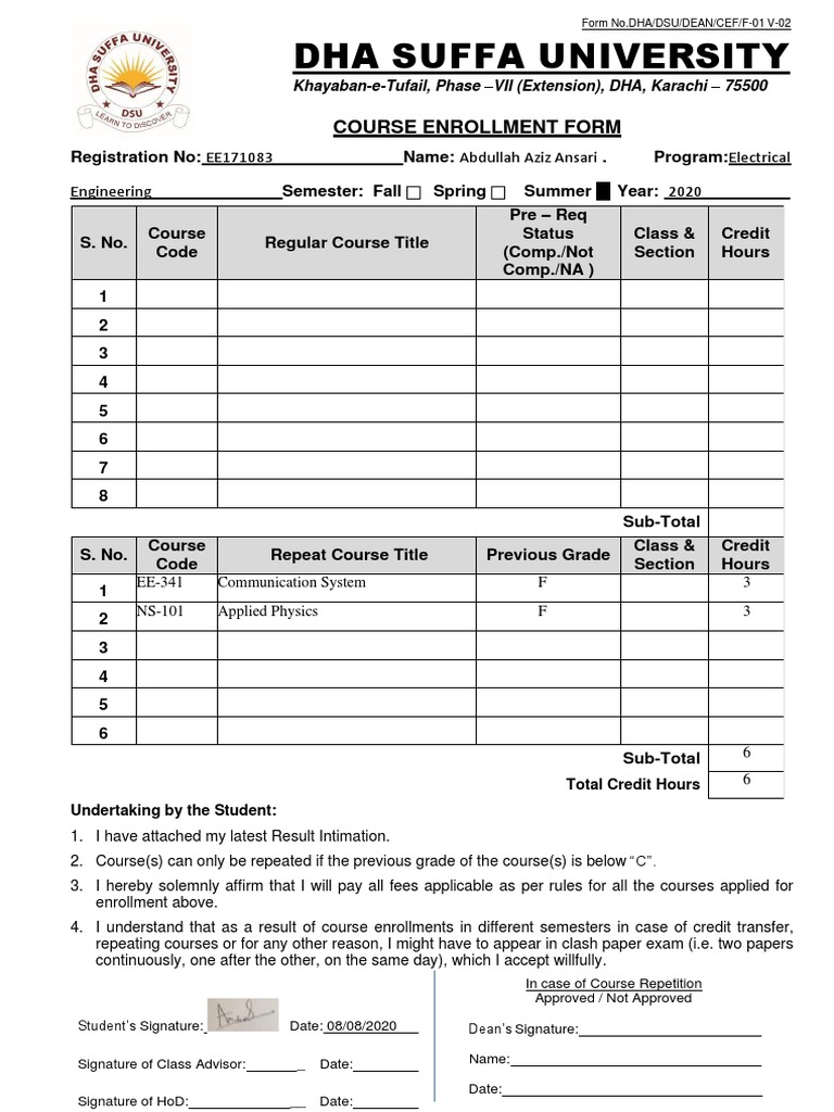 Dha Suffa University: Course Enrollment Form | PDF | Course Credit
