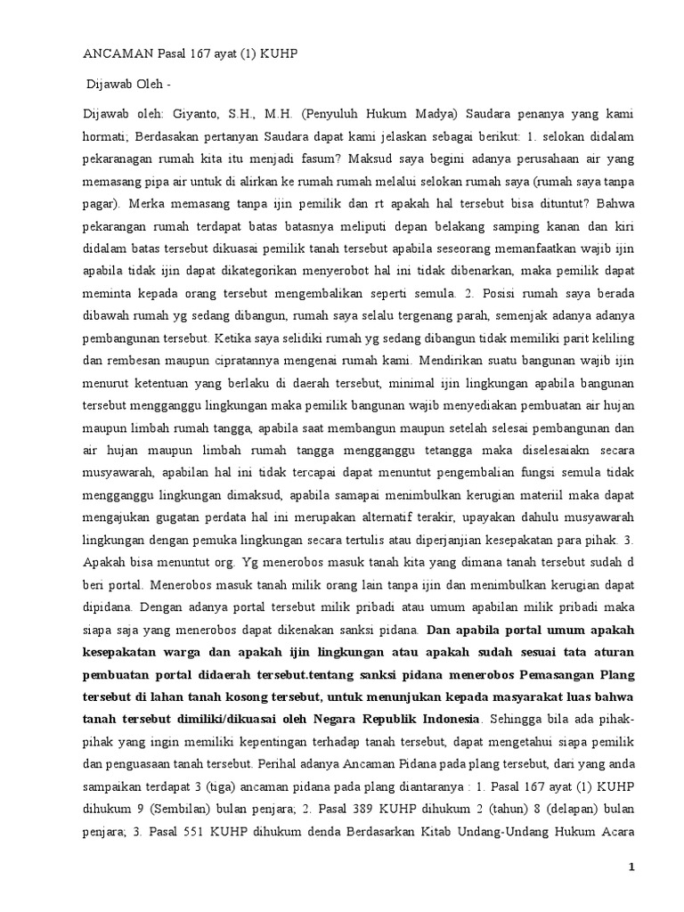 Ancaman Pidana Pasal 167 dan 551 KUHP | PDF | Hukum