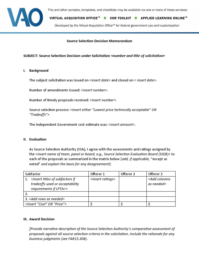 Source Selection Decision Memorandum Pdf Offer And Acceptance Evaluation