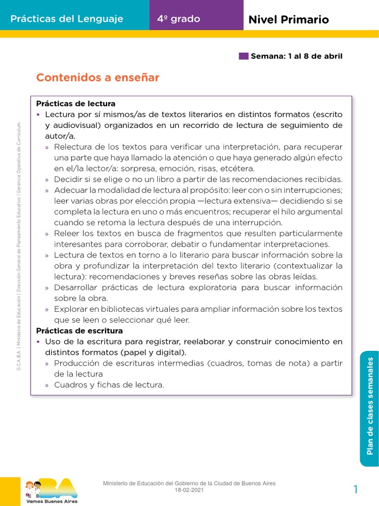 Plan de Clases de Lengua 4º Grado | PDF | Cuentos | Narrativa