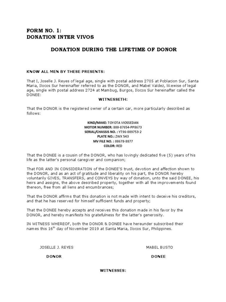 Form No. 1: Donation Inter Vivos Donation During The Lifetime of Donor ...