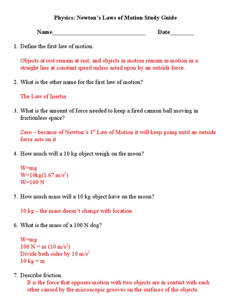 Physics: Newton's Laws of Motion Study Guide Name - Date | PDF | Force ...