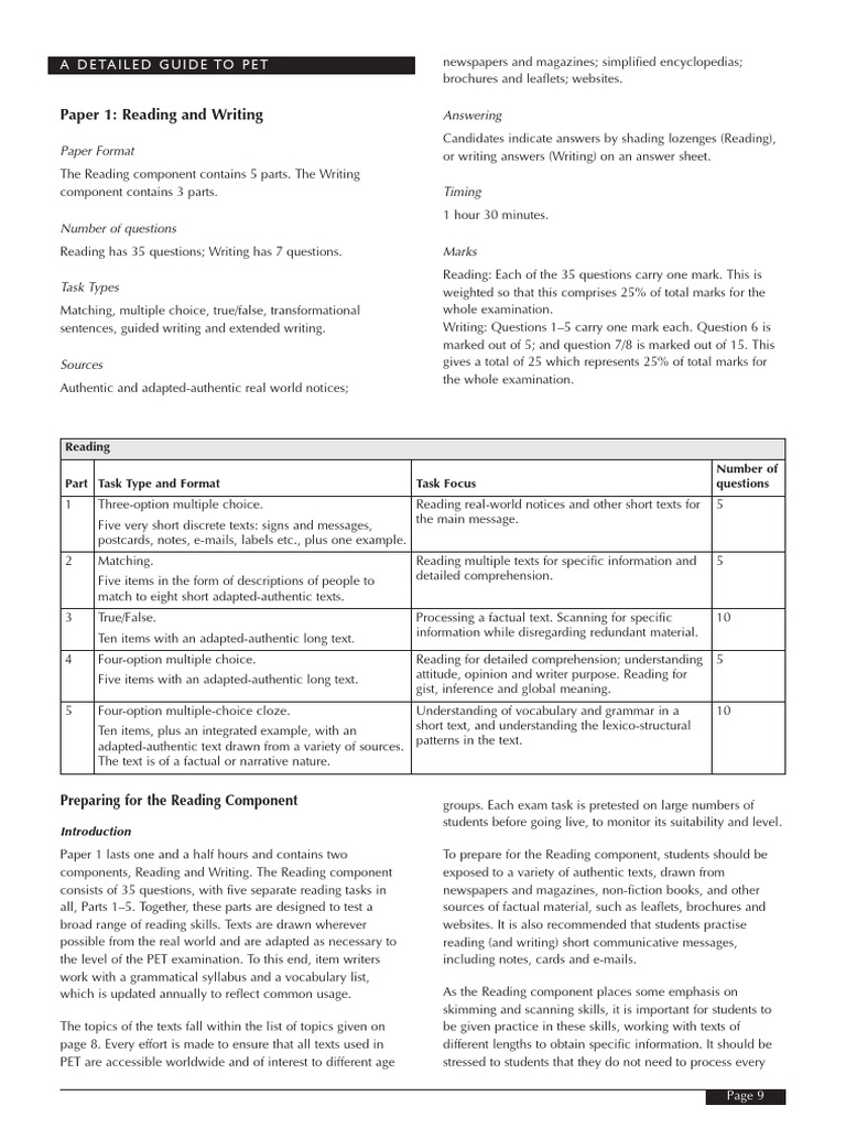 Paper 1: Reading and Writing: A Detailed Guide To Pet | PDF | Multiple ...