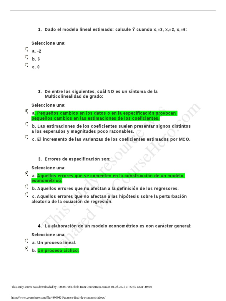 Examen Final de Econometria | PDF | Econometría | Mínimos cuadrados ordinarios