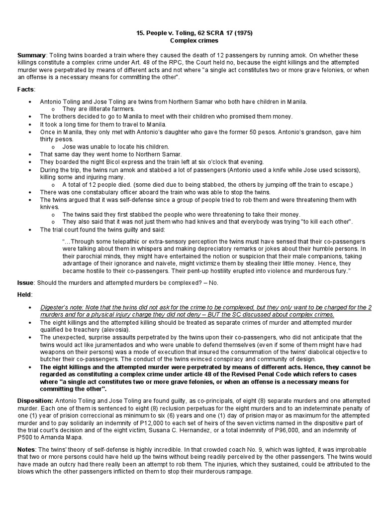 People v. Toling, 62 SCRA 17 (1975) | PDF | Murder | Crime & Violence