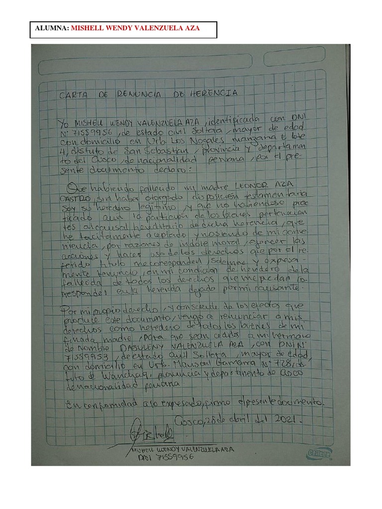 Renuncia A La Herencia - Mishell Wendy Valenzuela Aza | PDF