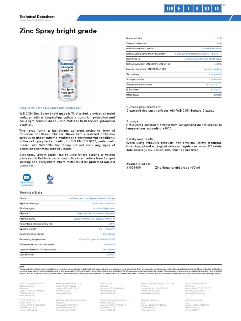 WEICON Zinc Spray Bright Grade Datasheet | PDF | Corrosion | Industries