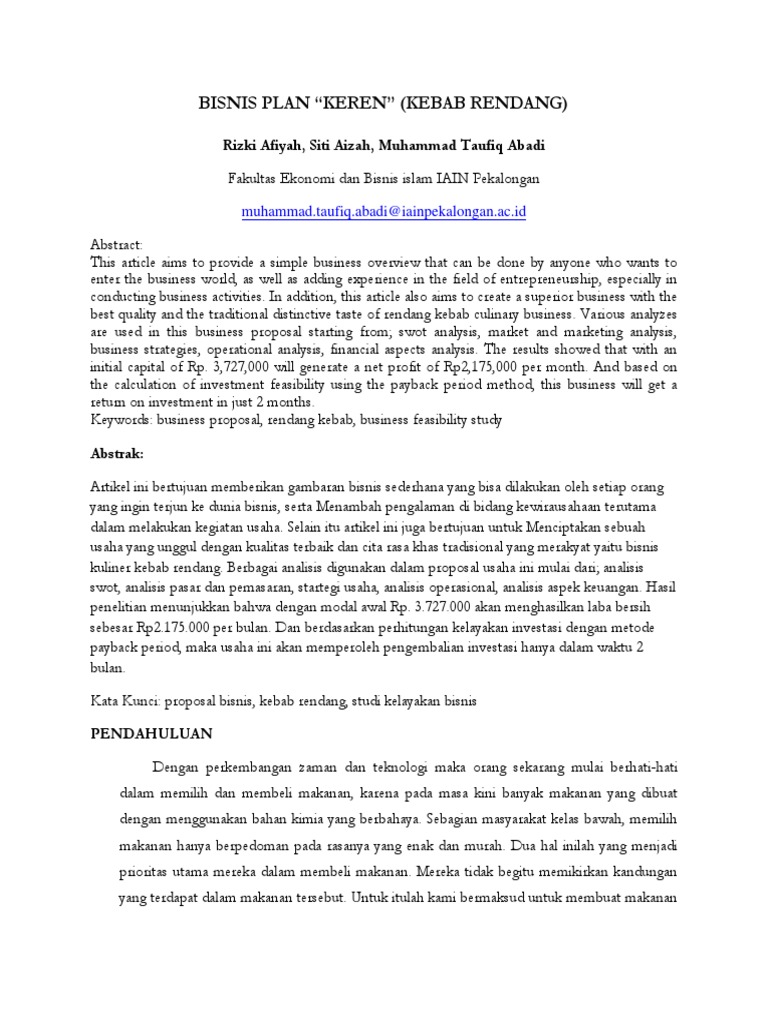 Bisnis Plan Kebab Rendang Keren | PDF