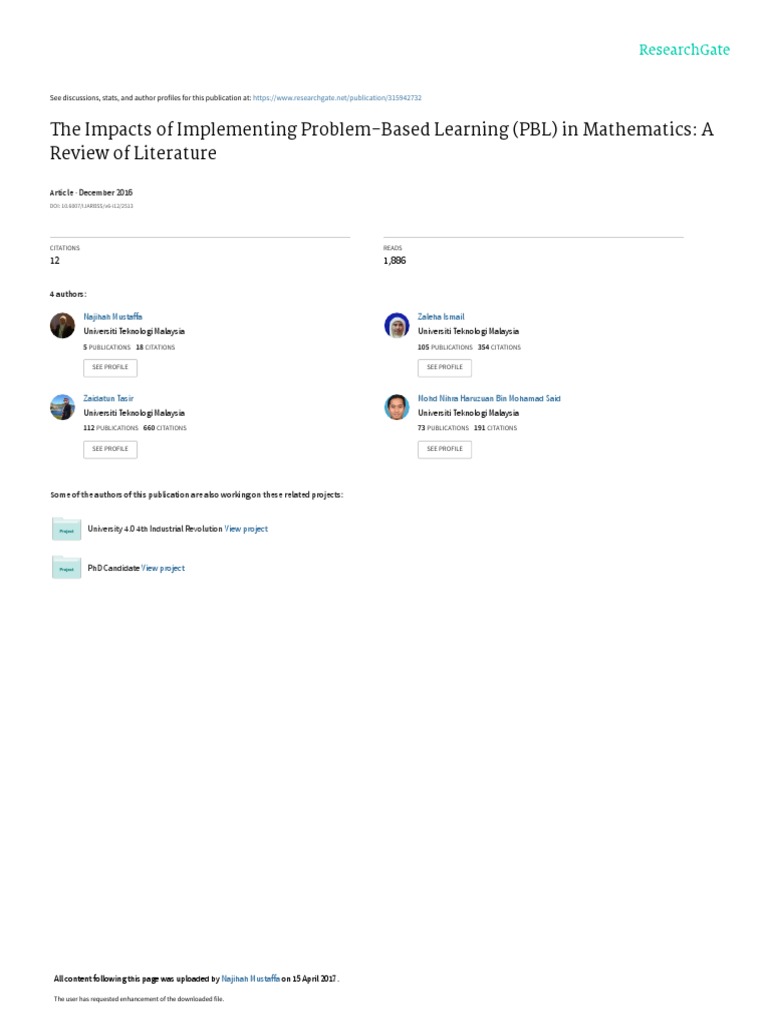 The Impacts of Implementing Problem-Based Learning PBL in Mathematics A Review of Literature ...