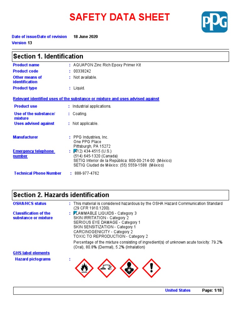 Safety Data Sheet: Section 1. Identification | PDF | Firefighting | Personal Protective Equipment
