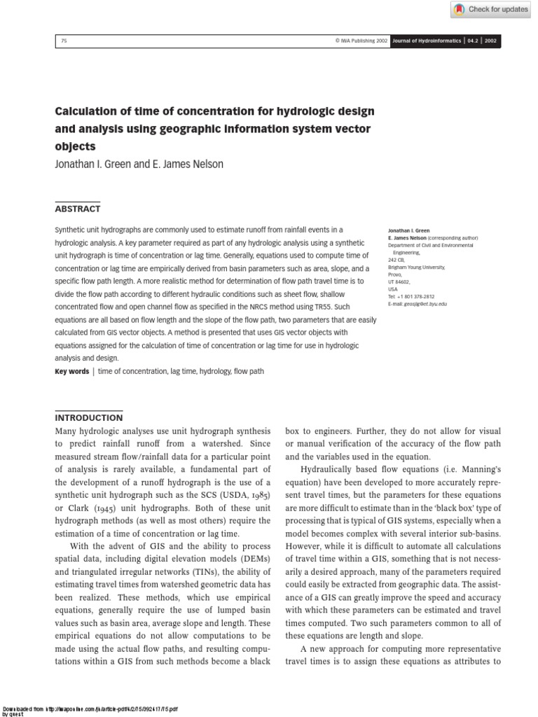 Calculation of Time of Concentration For Hydrologic Design and Analysis ...