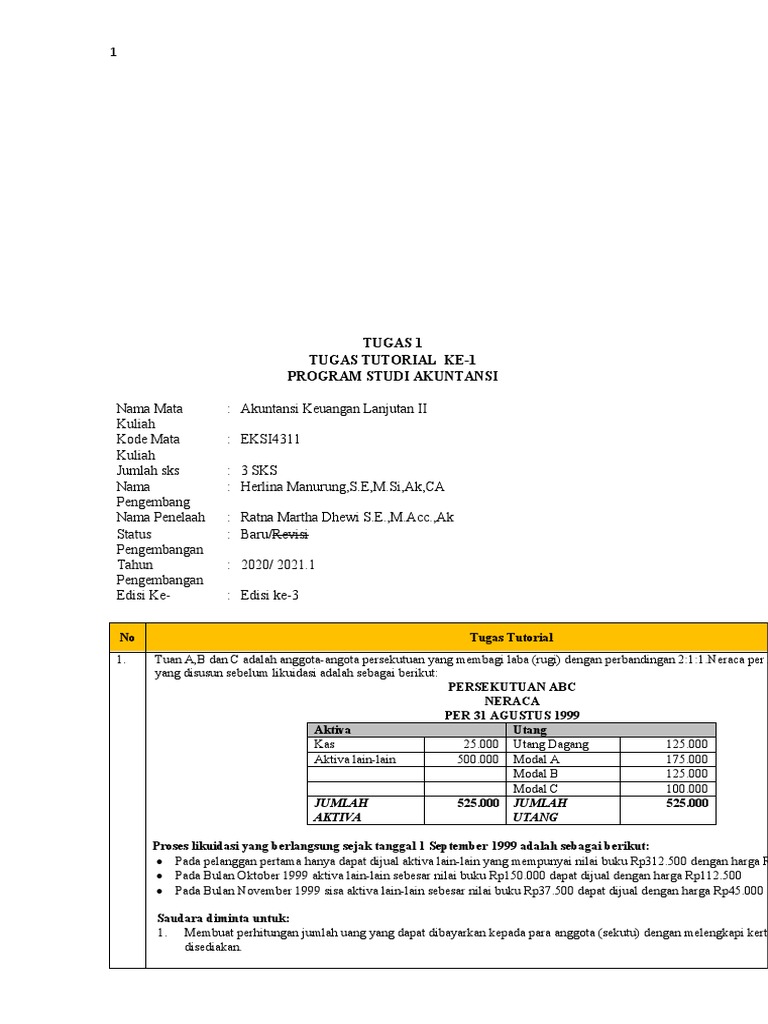 Tugas 1 Tugas Tutorial Ke-1 Program Studi Akuntansi | PDF