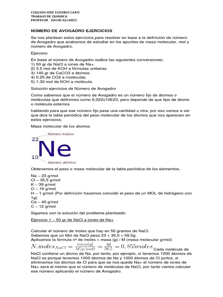 Ejercicios de Química: Número de Avogadro | PDF | Mole (Unidad ...