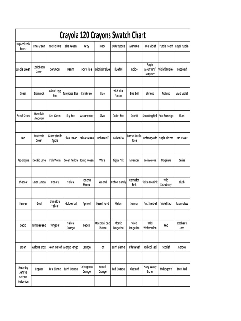 Crayola 120 Crayons Swatch Chart: Cerulean | PDF | Color | Artistic ...