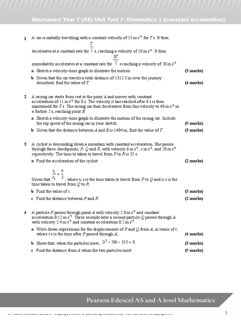 Mechanics Year 1 (AS) Unit Test 7: Kinematics 1 (Constant Acceleration ...