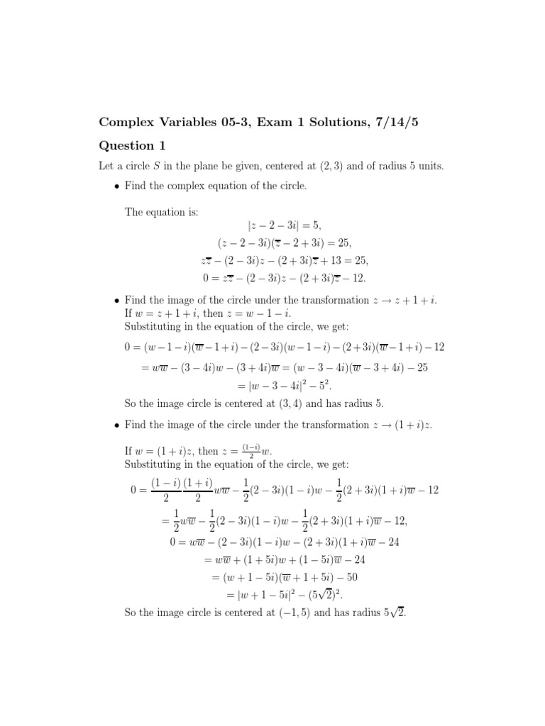Complex Variables 05-3, Exam 1 Solutions, 7/14/5 | PDF | Zero Of A ...