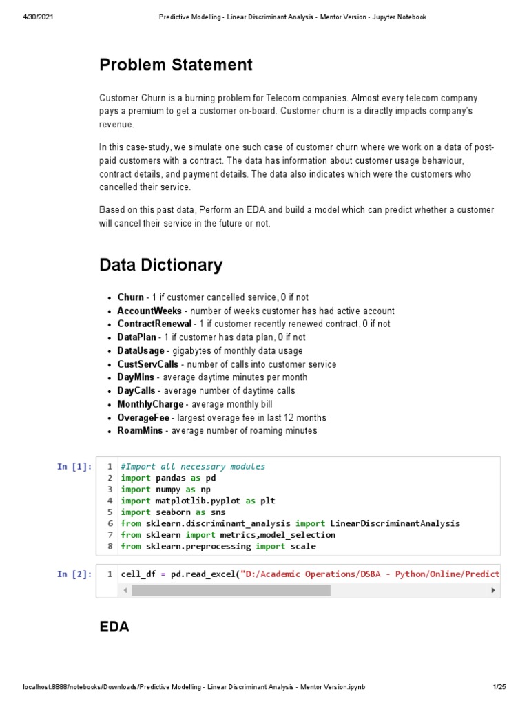 Predictive Modelling - Linear Discriminant Analysis - Mentor Version - Jupyter Notebook | PDF ...