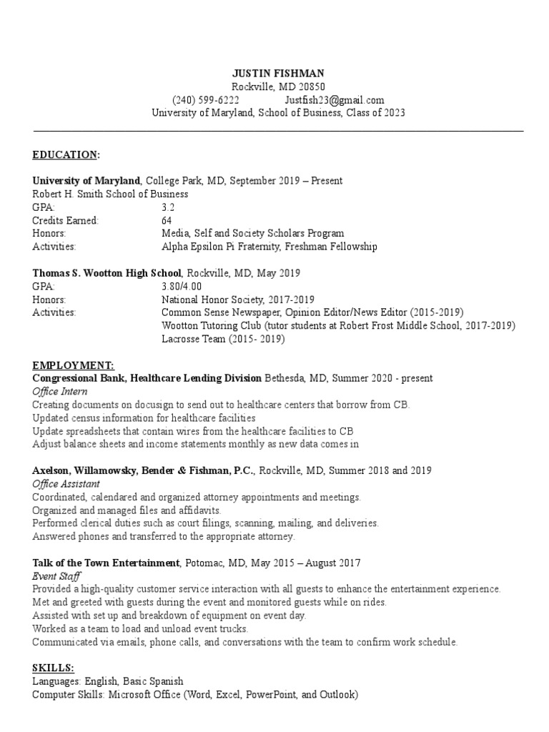 Justin Fishman Resume 2020 1 | PDF
