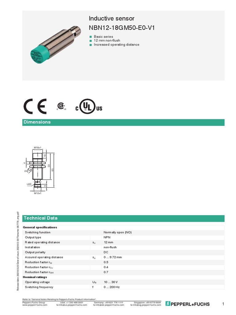 Inductive Sensor NBN12-18GM50-E0-V1: Dimensions | PDF | Equipment | Electrical Equipment