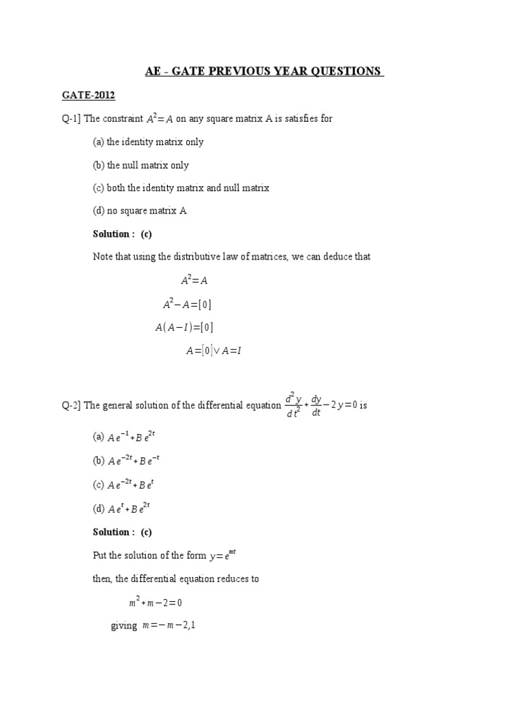 GATE Exam Solutions | PDF | Eigenvalues And Eigenvectors | Ordinary ...