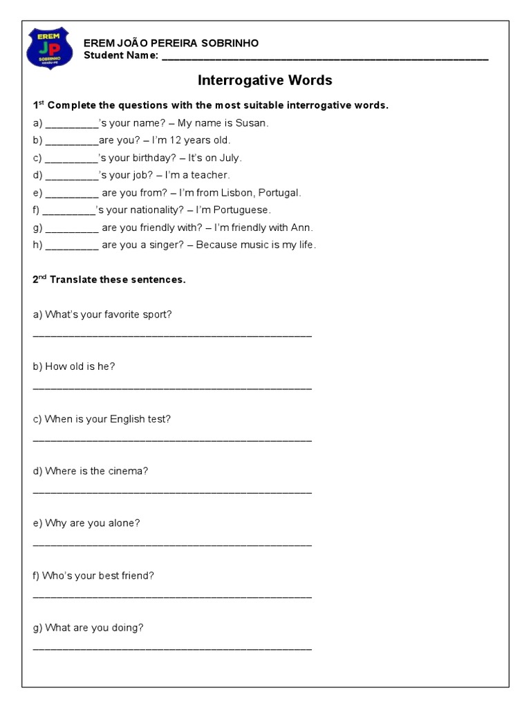 Interrogative Words Worksheet | PDF