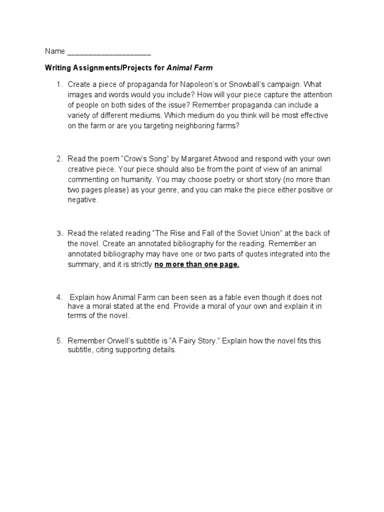 Animal Farm Writing Assignment Ideas | PDF