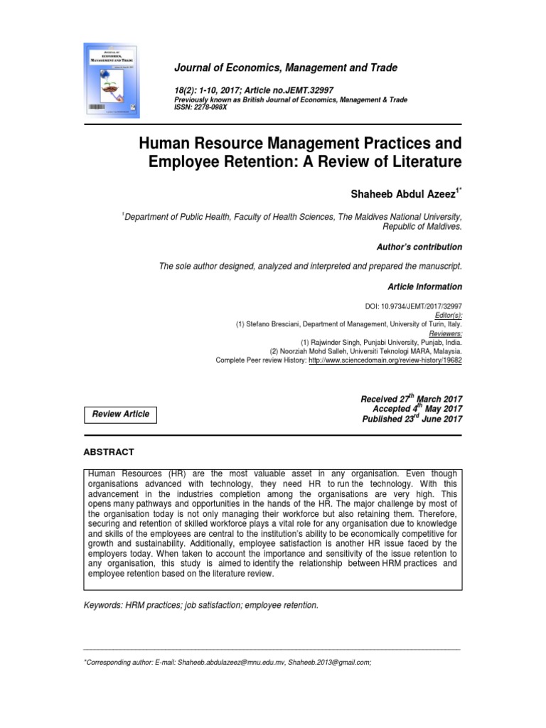 Human Resource Management Practices and Employee Retention: A Review of ...