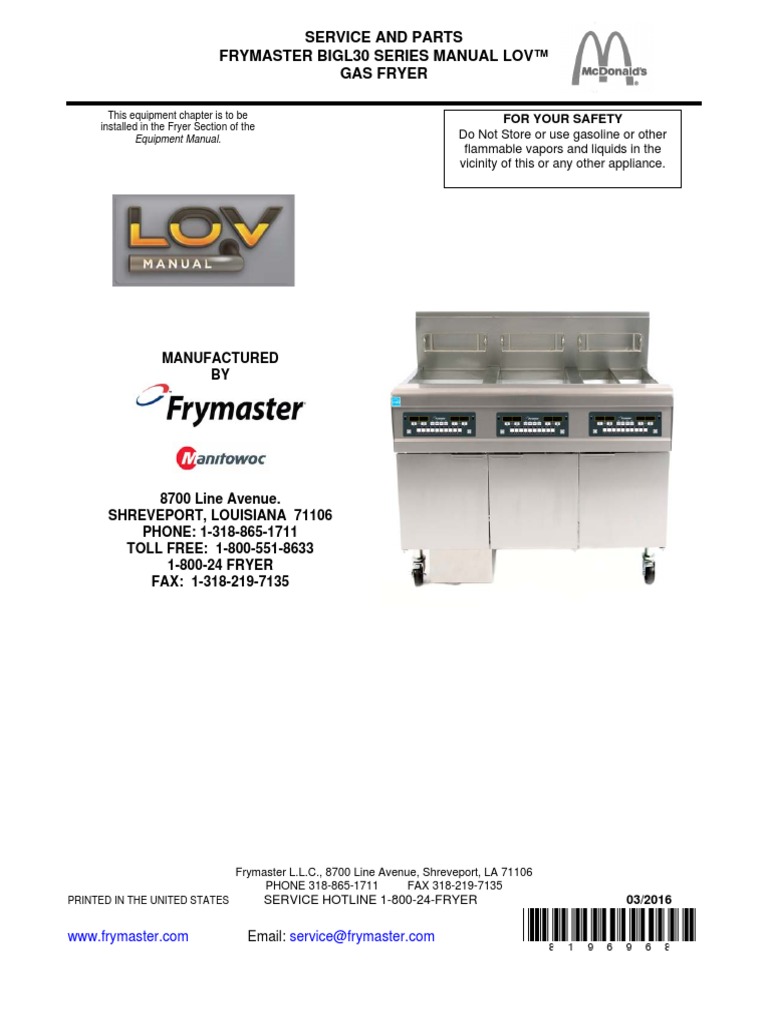 Service and Parts Frymaster Bigl30 Series Manual Lov™ Gas Fryer | PDF ...