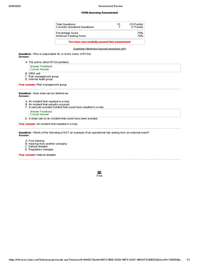 Assessment Review: ORM eLearning Assessment - Passing Score of 70% ...