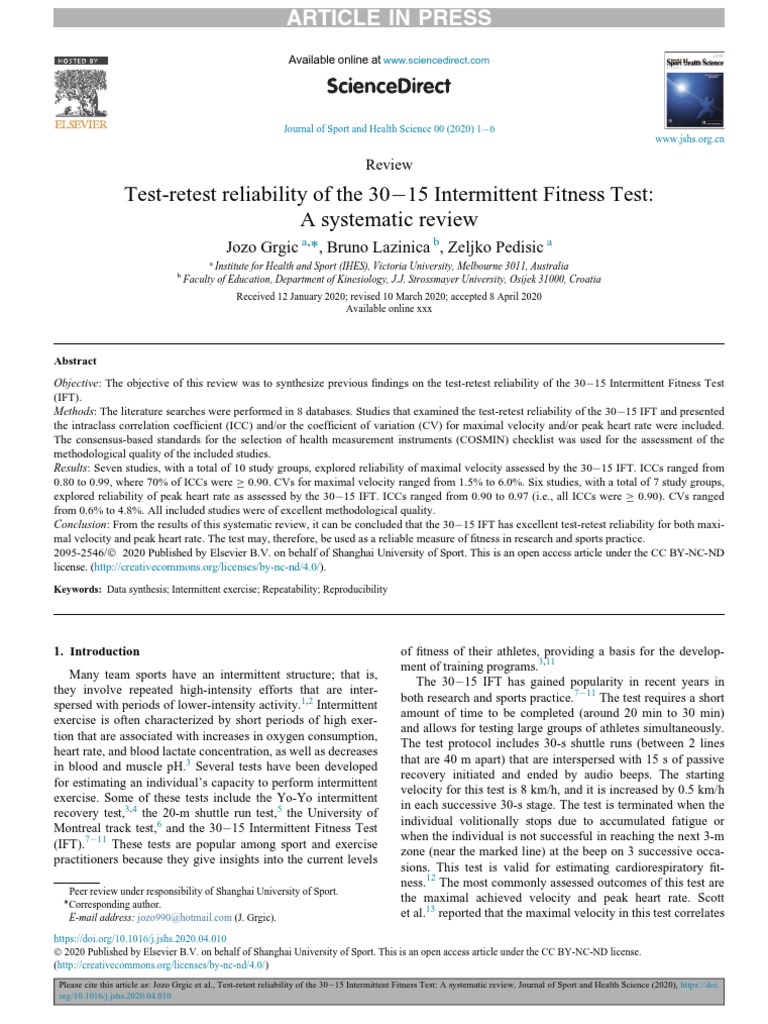 Test-Retest Reliability of The 30 15 Intermittent Fitness Test - A ...