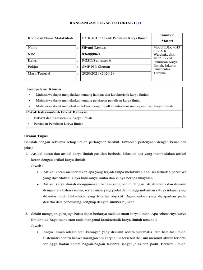 Tugas Tutorial 1 - Teknik Penulisan Karya Ilmiah - Silvani Lestari - 836899865 | PDF