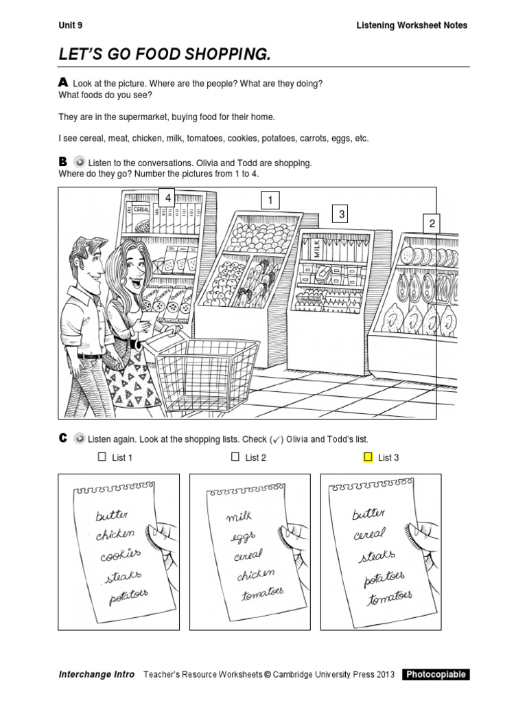 Let'S Go Food Shopping.: Unit 9 Listening Worksheet Notes | PDF