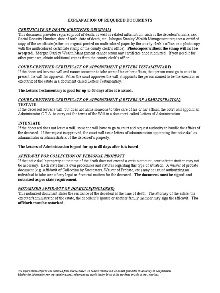 Estate Explanation of Required Documents | PDF | Probate | Will And ...