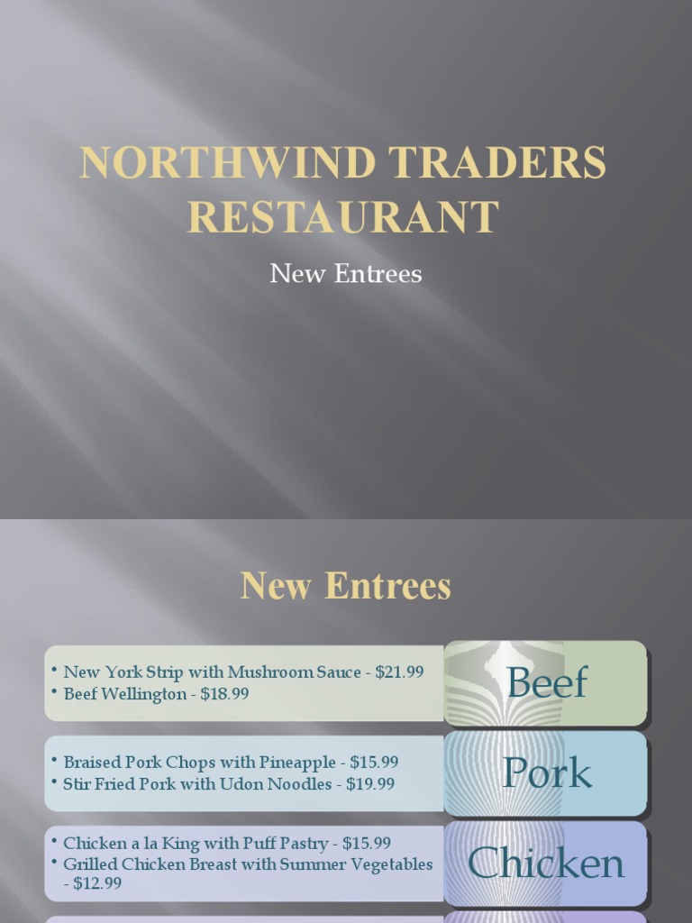 Northwind Traders Restaurant: New Entrees | PDF | Cooking, Food & Wine