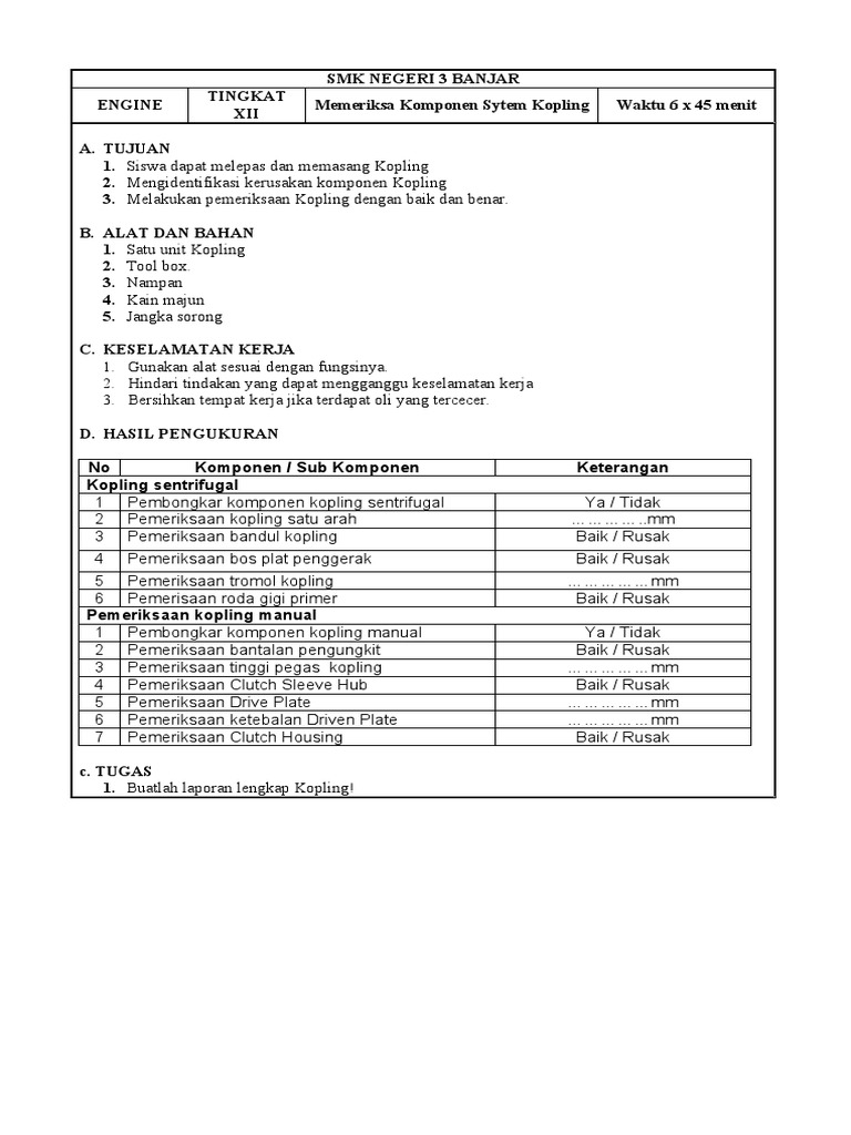 JOB SHEET PEMERIKSAAN Kopling | PDF