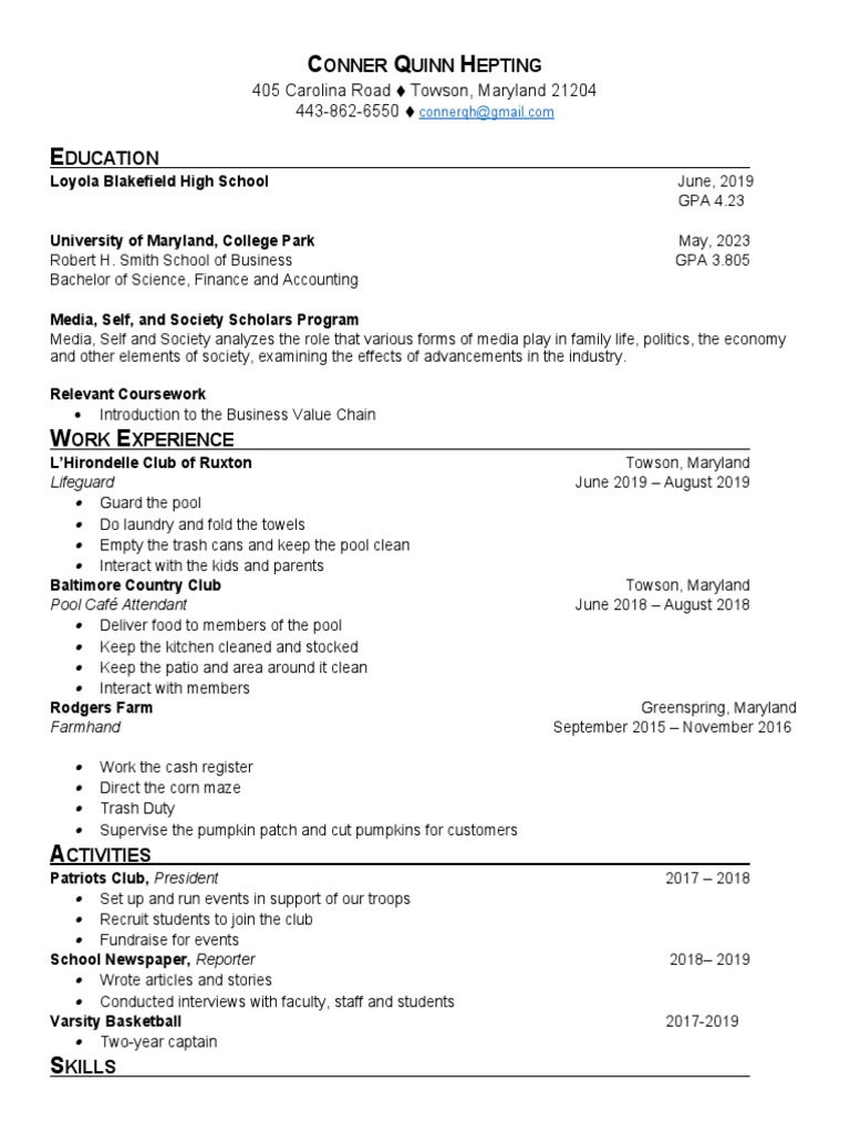 Conner Quinn Hepting Resume | PDF | Business | Schools