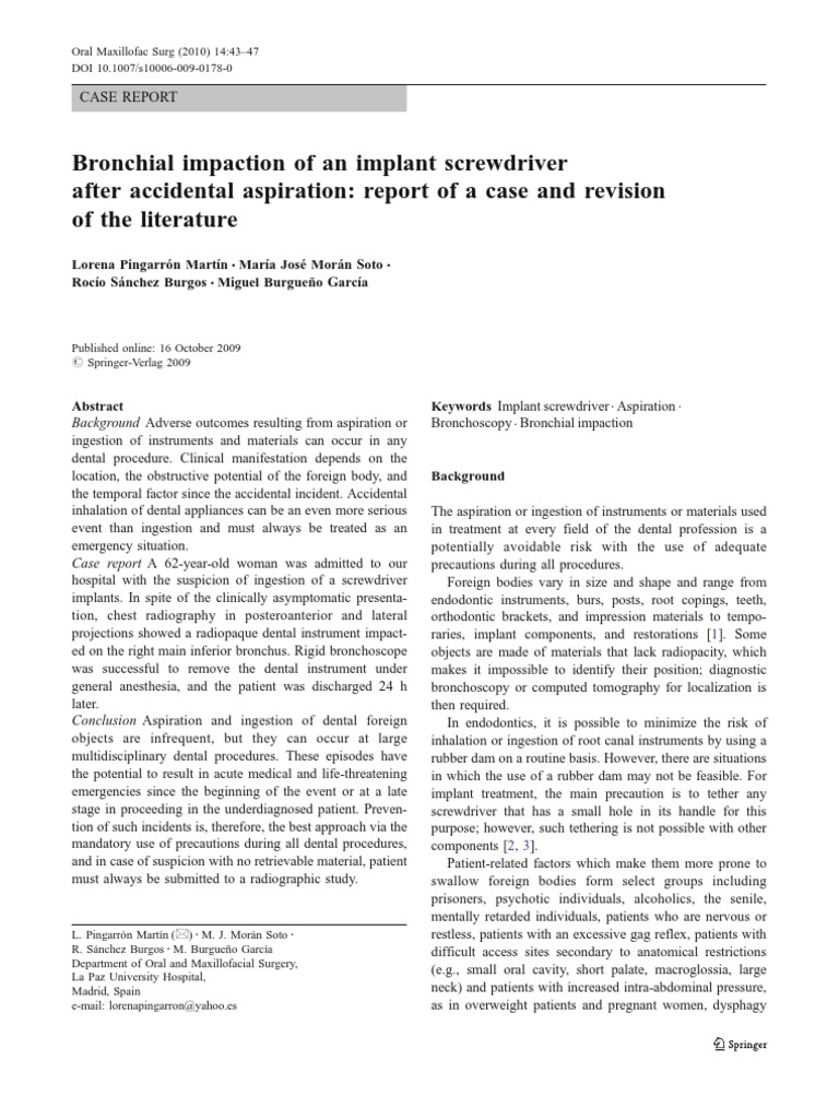 Bronchial Impaction of An Implant Screwdriver | PDF | Medical ...