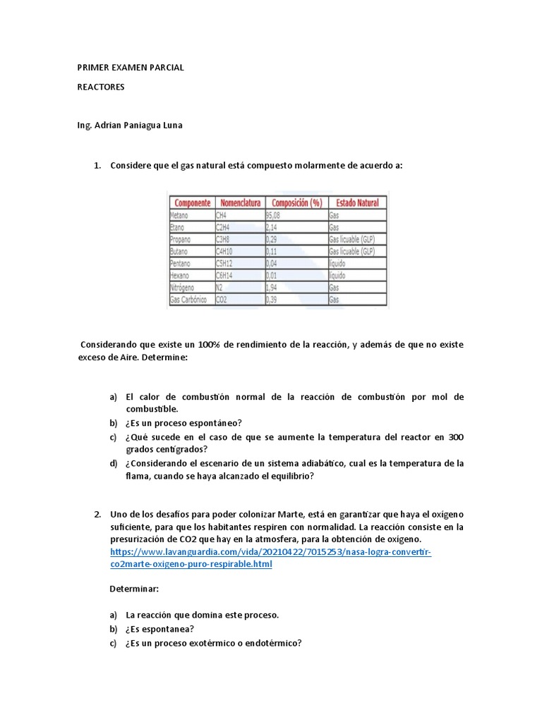 Primer Examen Parcial Reactores | PDF