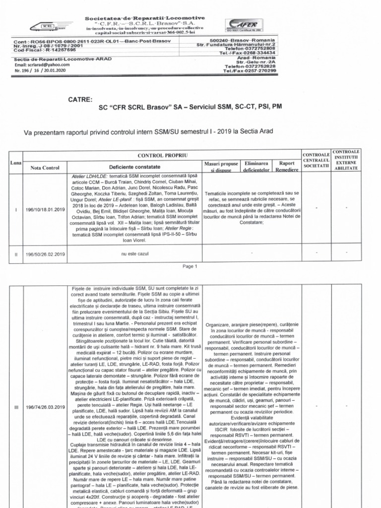 Raport Control Intern SSM - SU Sem. I Si II 2019 | PDF