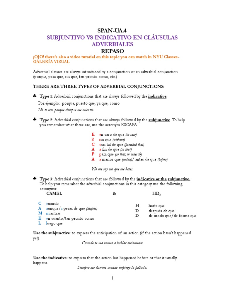 3-Subjuntivo Vs Indicativo en Cláusulas Adverbiales | PDF | Unidades ...