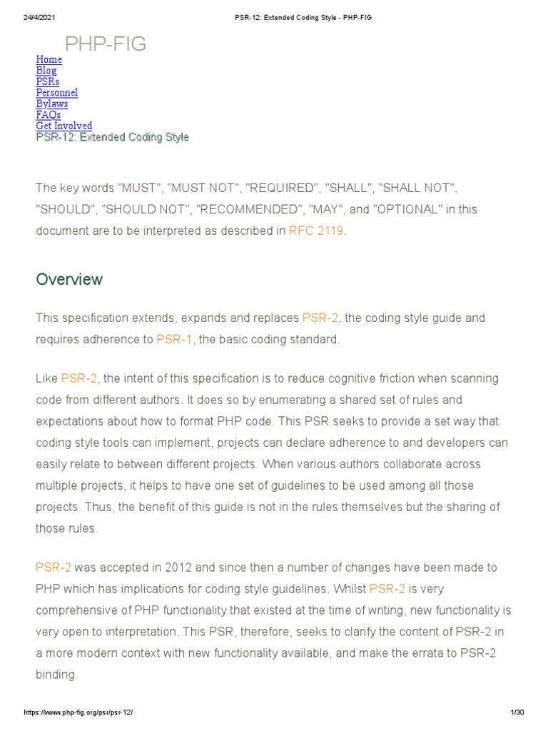 PSR-12 - Extended Coding Style - PHP-FIG | PDF | Parameter (Computer ...