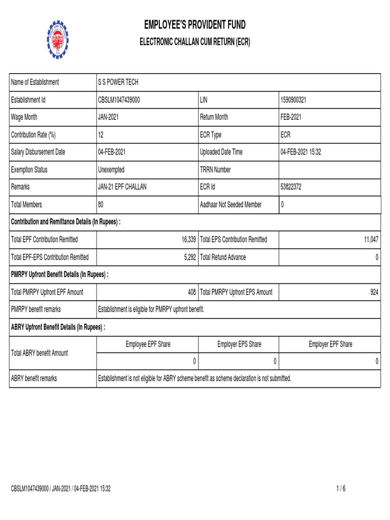 Employee'S Provident Fund: Electronic Challan Cum Return (Ecr) | PDF ...