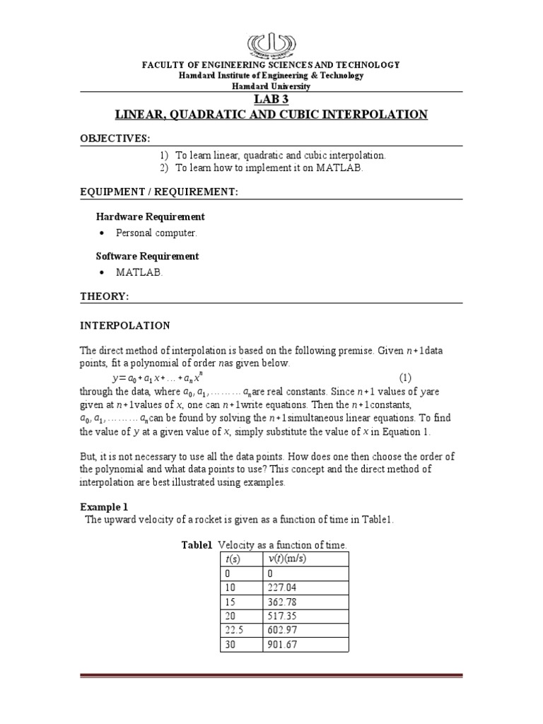 Lab 3 Linear, Quadratic and Cubic Interpolation: Objectives | PDF ...