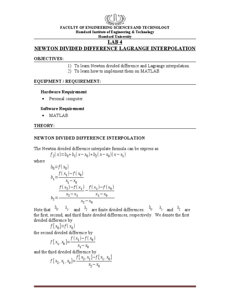 Lab 4 Newton Divided Difference Lagrange Interpolation: Objectives ...